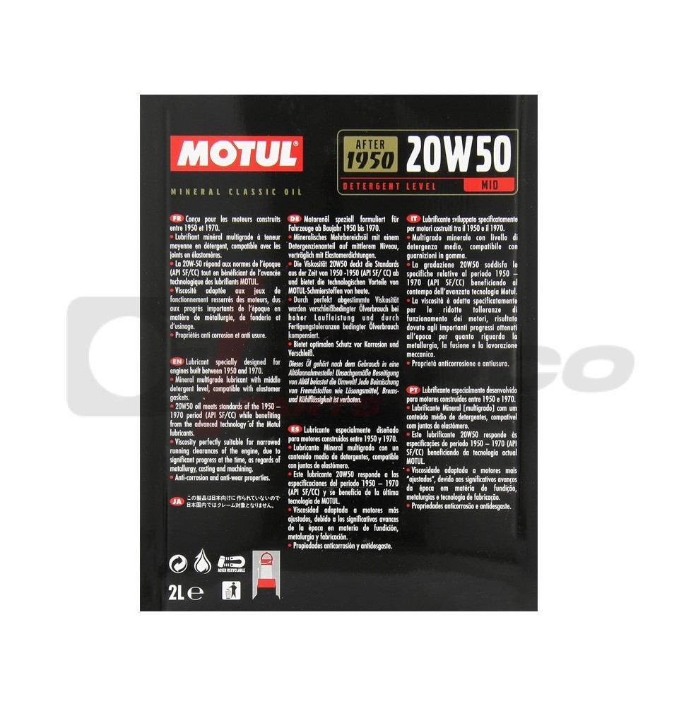 Motul 20W50 Mineral Multigrade Engine Oil for Vintage Cars (2L)